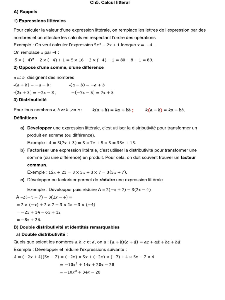 Ch05 Calcul Litteral 1 | PDF