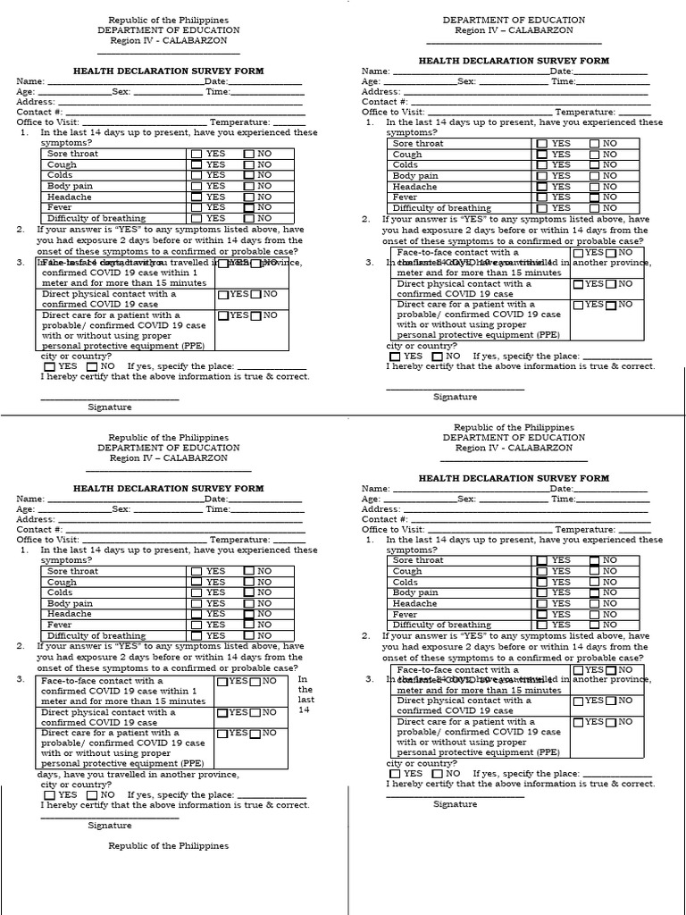 School Health Declaration Survey Form A4 | PDF | Common Cold | Health Sciences