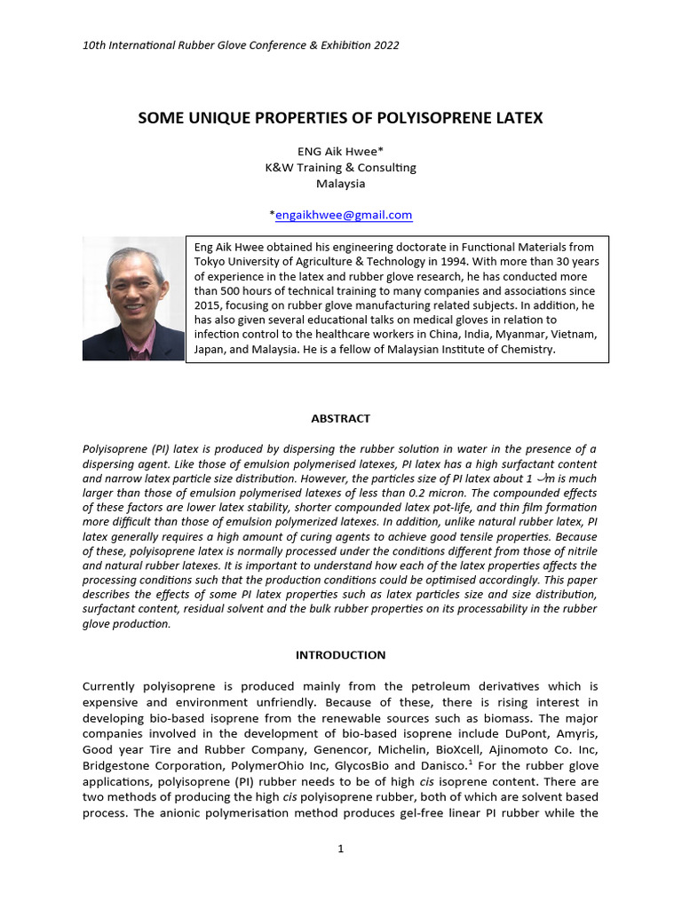 Unique Properties of Polyisoprene Latex | PDF | Natural Rubber | Gel