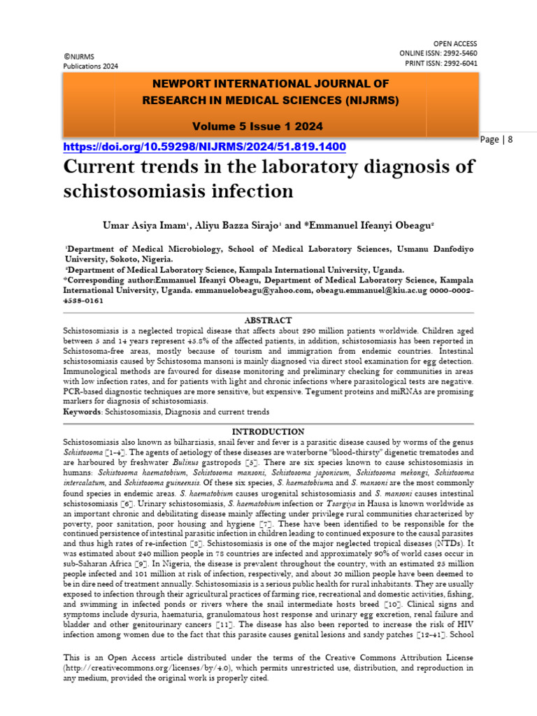 Current Trends in the Laboratory Diagnosis of Schistosomiasis Infection ...