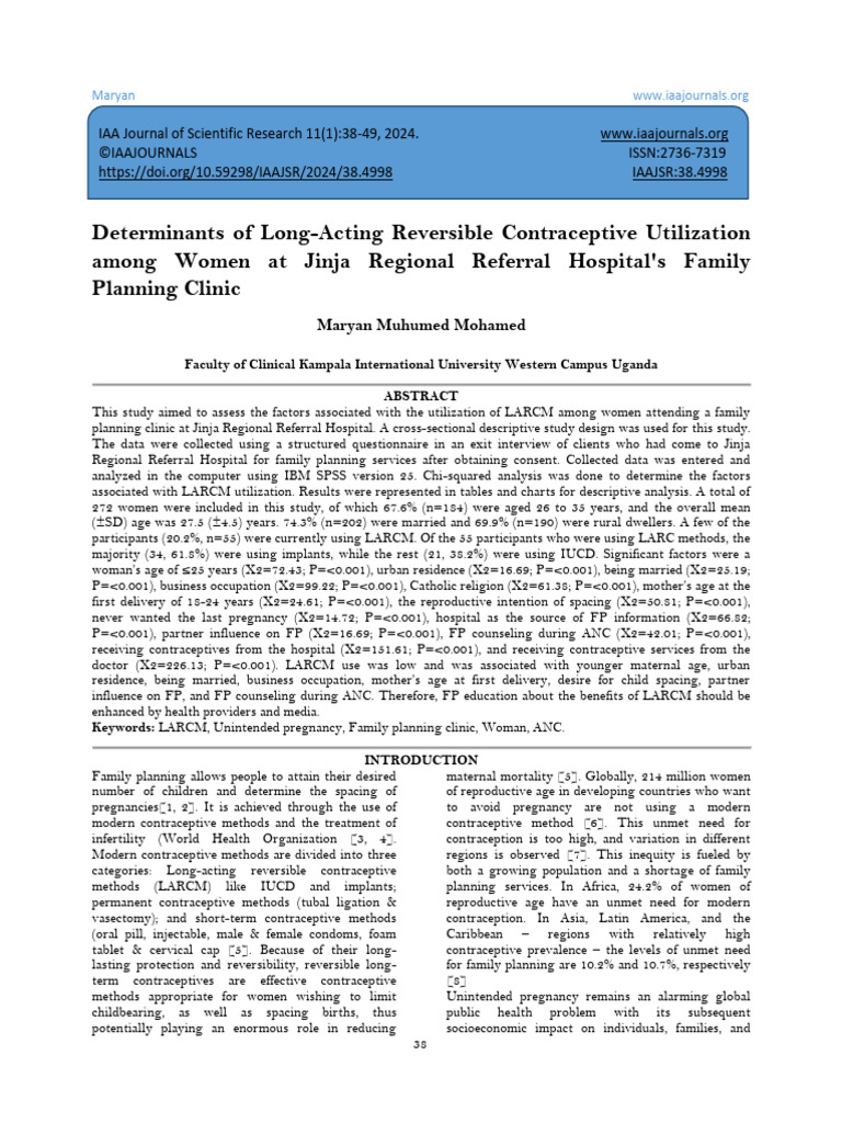 Determinants of Long-Acting Reversible Contraceptive Utilization Among Women at Jinja Regional ...