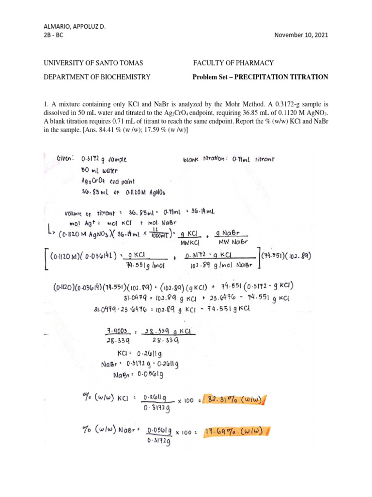 Precipitation Titration - Problem Set | PDF