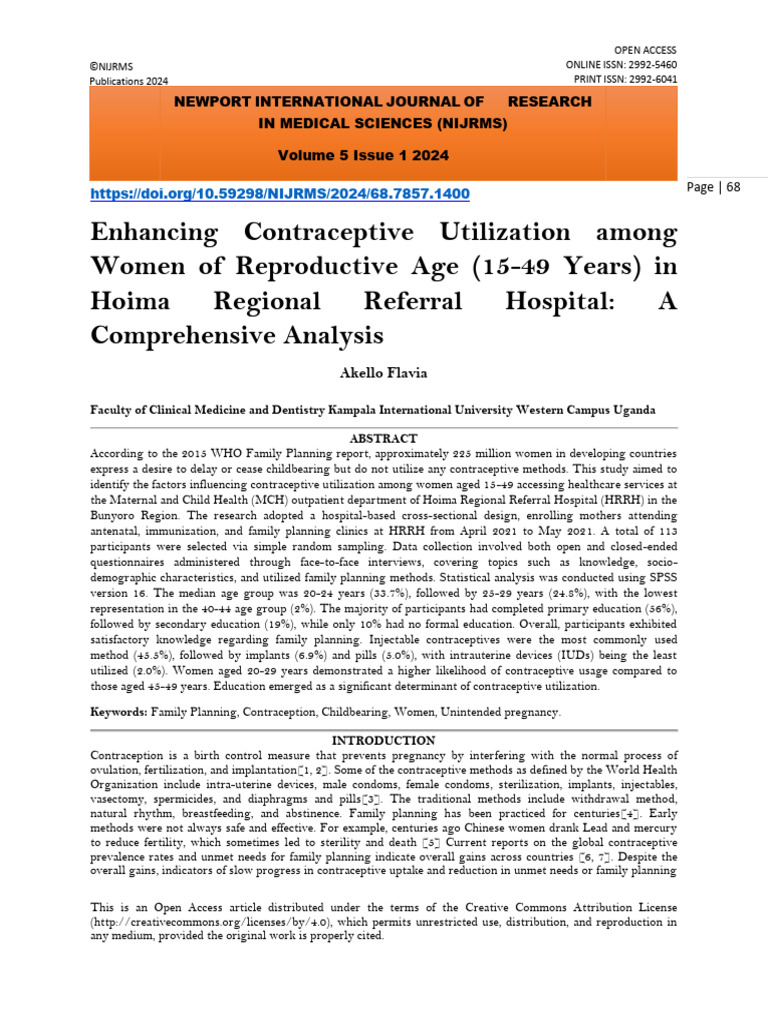 Enhancing Contraceptive Utilization Among Women of Reproductive Age (15 ...