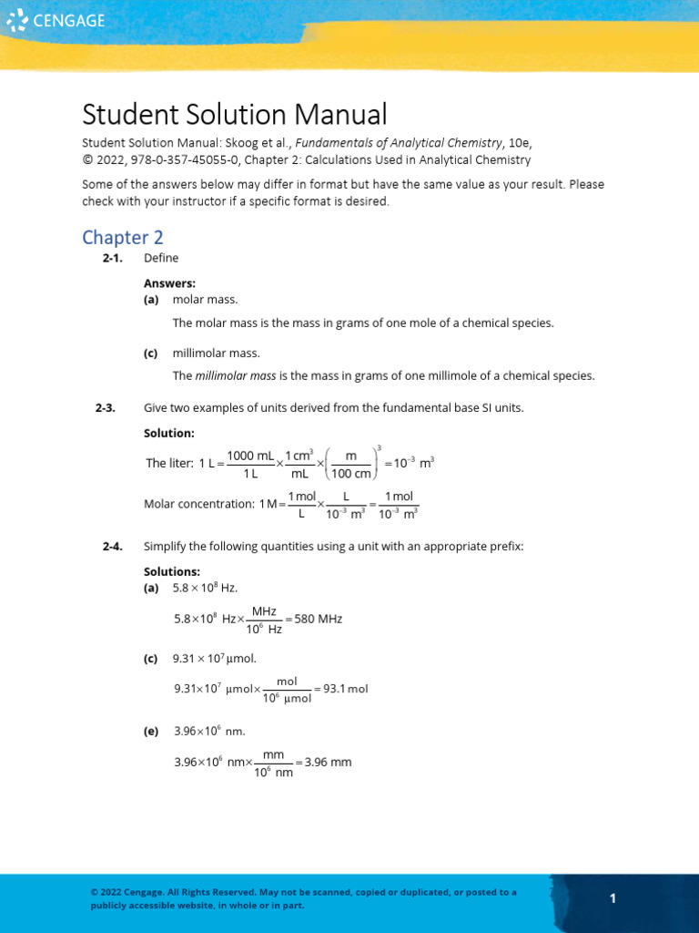 Student Solution Manual Fundamentals of Analytical Chemistry 10e by Skoog | PDF | Mole (Unit ...
