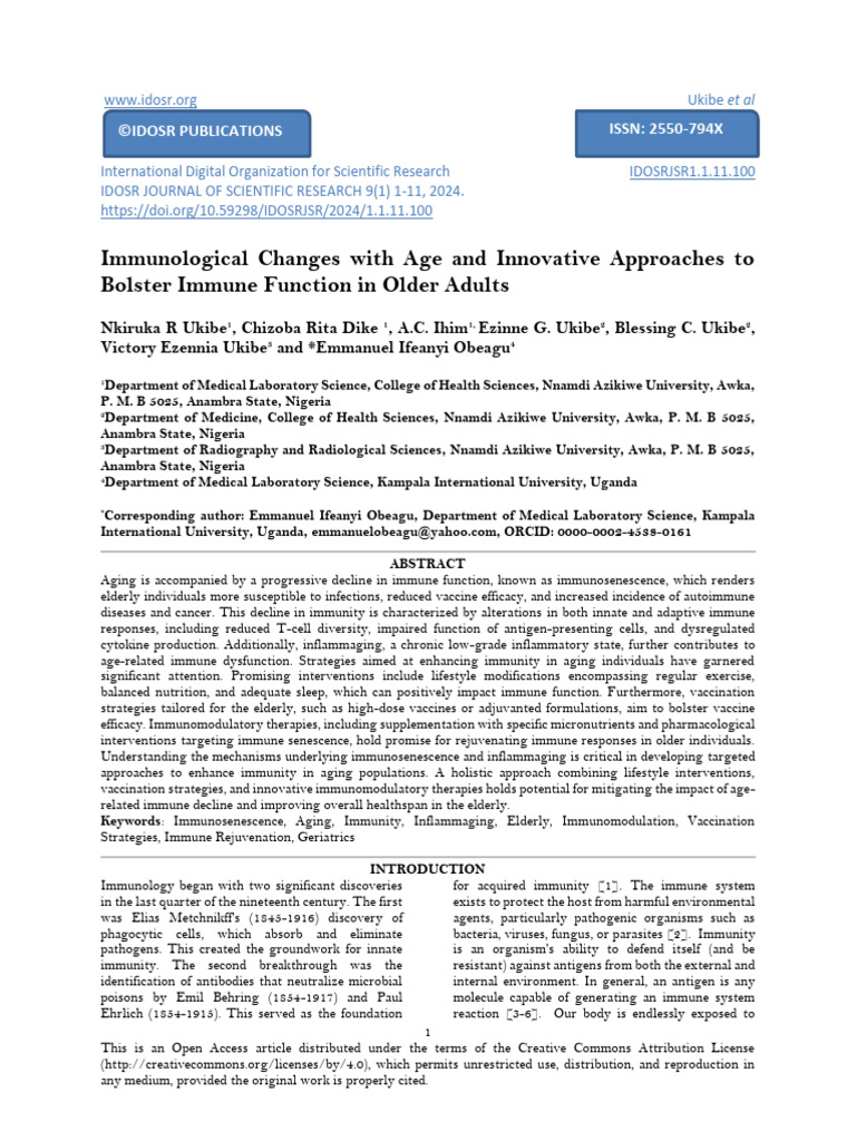 Immunological Changes With Age and Innovative Approaches To Bolster Immune Function in Older ...