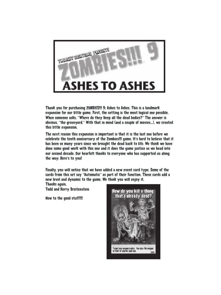 83 Zombies 9 Ashes To Ashes Rulebook | PDF | Cemetery