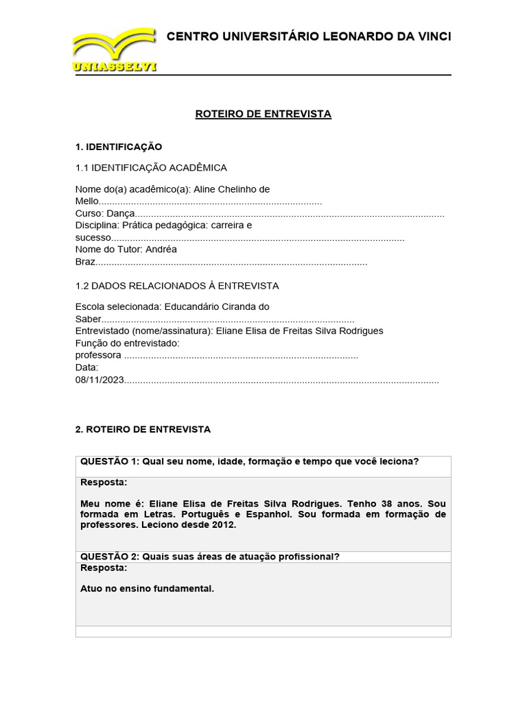 Modelo de Roteiro de Entrevista | PDF | Escolas | Aprendizado