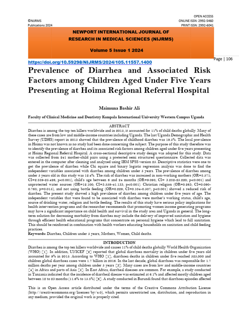 Prevalence of Diarrhea and Associated Risk Factors Among Children Aged ...