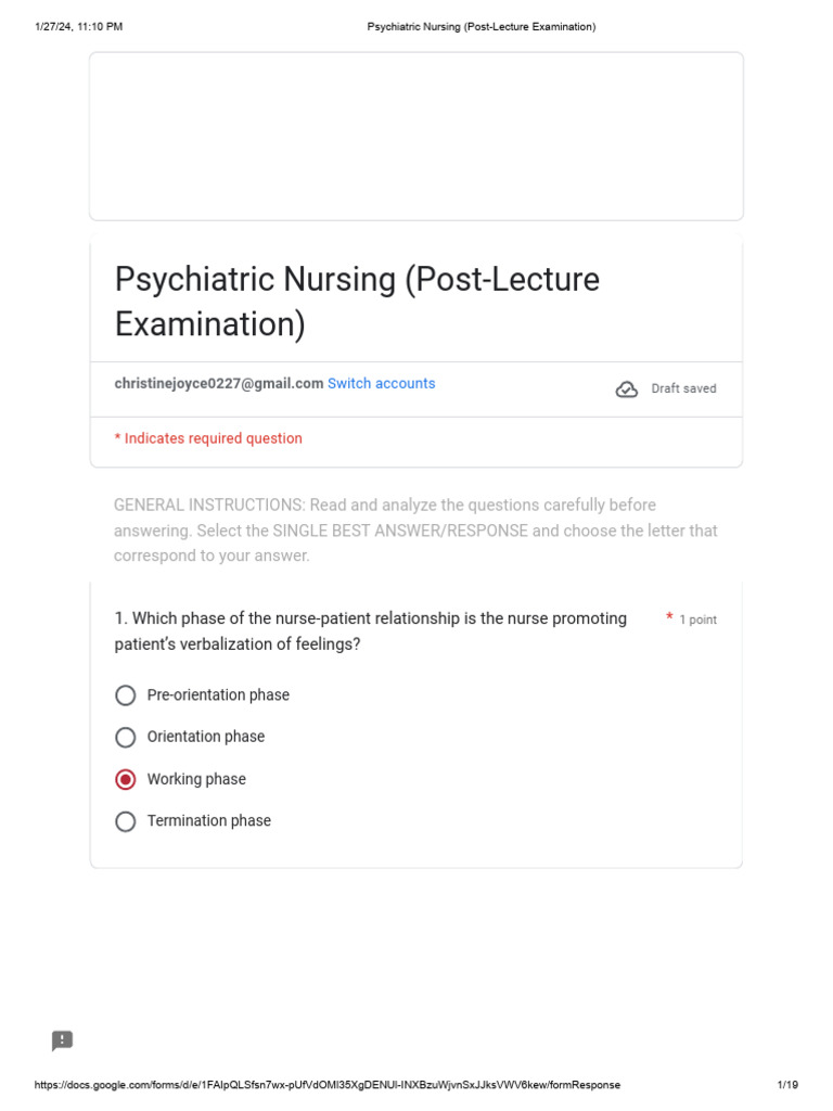 Psychiatric Nursing (Post-Lecture Examination) | PDF | Anxiety ...