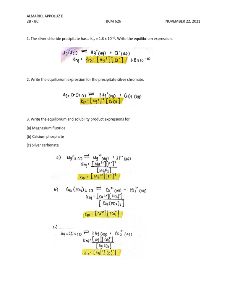 Solubility-Equilibria Problem Set BCM626 | PDF | Chemical Substances ...