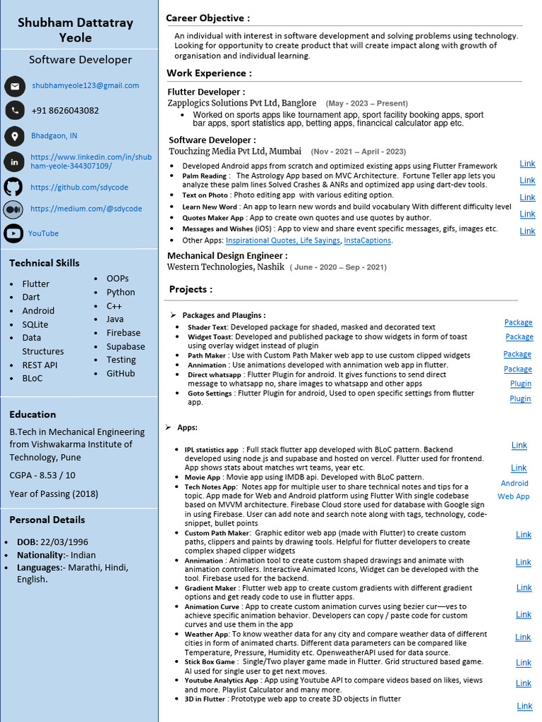 Shubham Yeole Resume Dec23 | Download Free PDF | Mobile App | Android ...