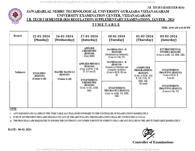 JNTU-GV B.tech 1-1 Sem R16 Time Table Jan 2024 | PDF | Physical ...