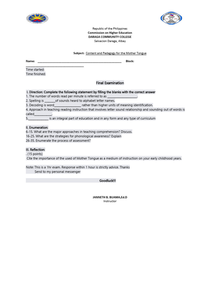 Dcomc Final Exam MTB Mle | PDF