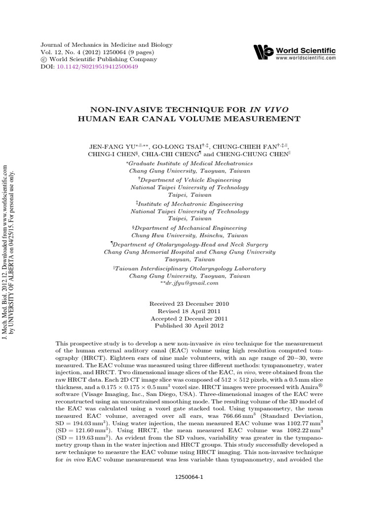 Non Invasive Technique For in Vivo Human Ear Canal Volume Measurement ...