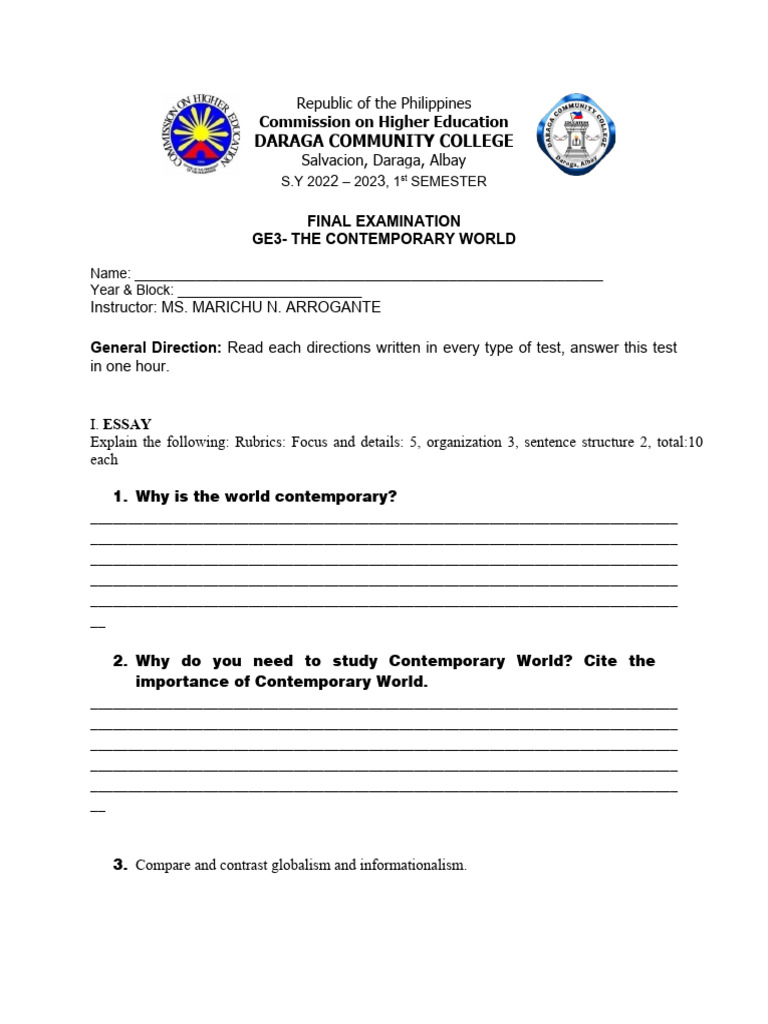 Final Exam: Contemporary World GE3 | PDF | Poverty | Poverty & Homelessness