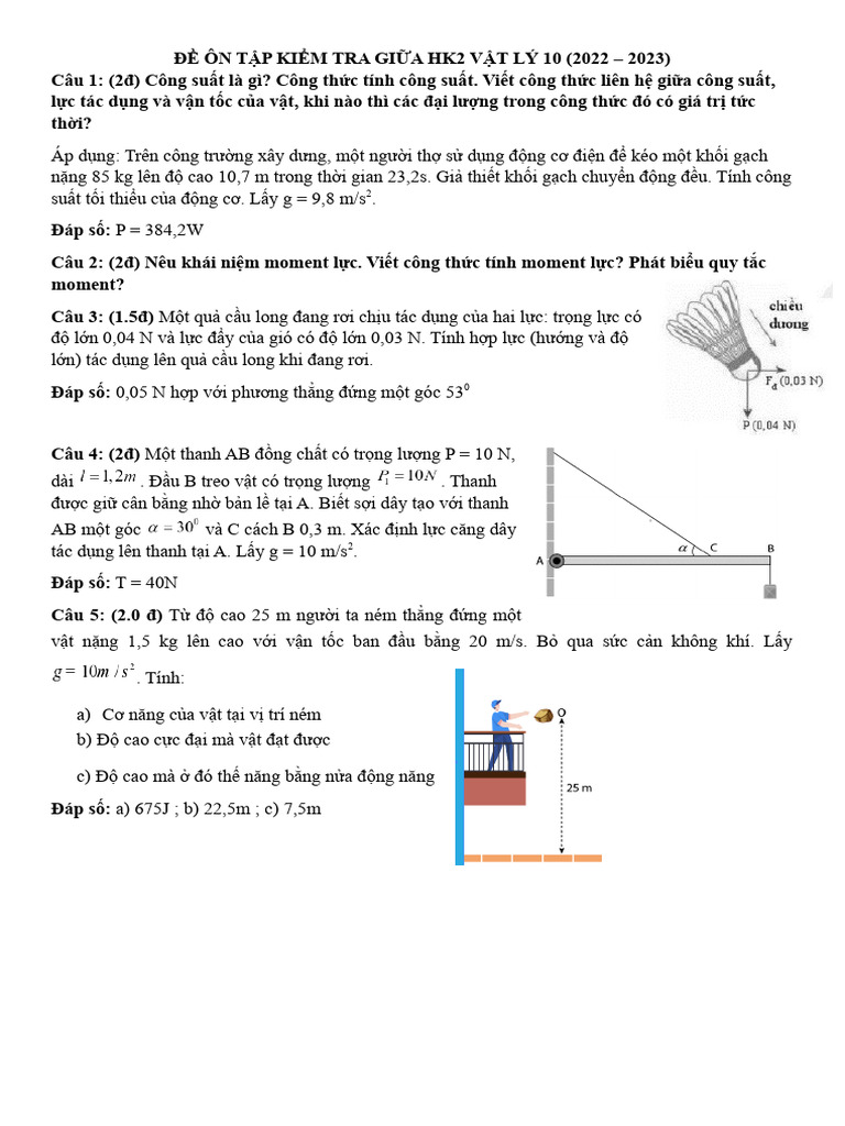Đề Ôn Tập Kiểm Tra Giữa HK2 Vật Lý 10 | PDF