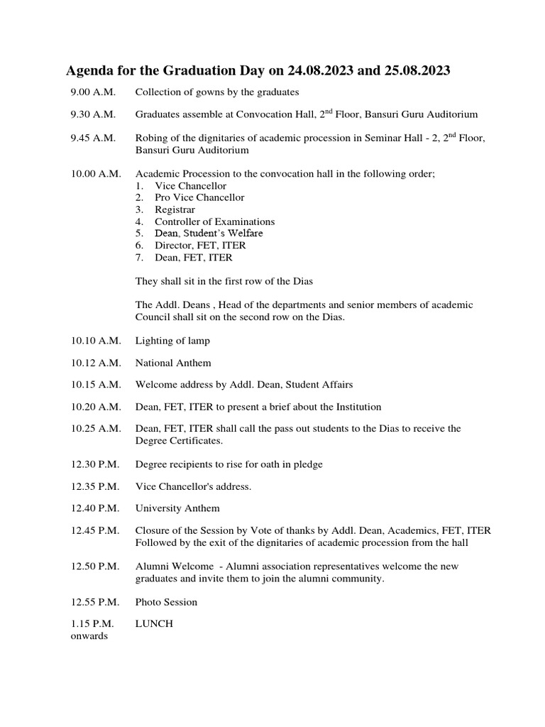 Agenda For The Graduation Day | PDF | Government