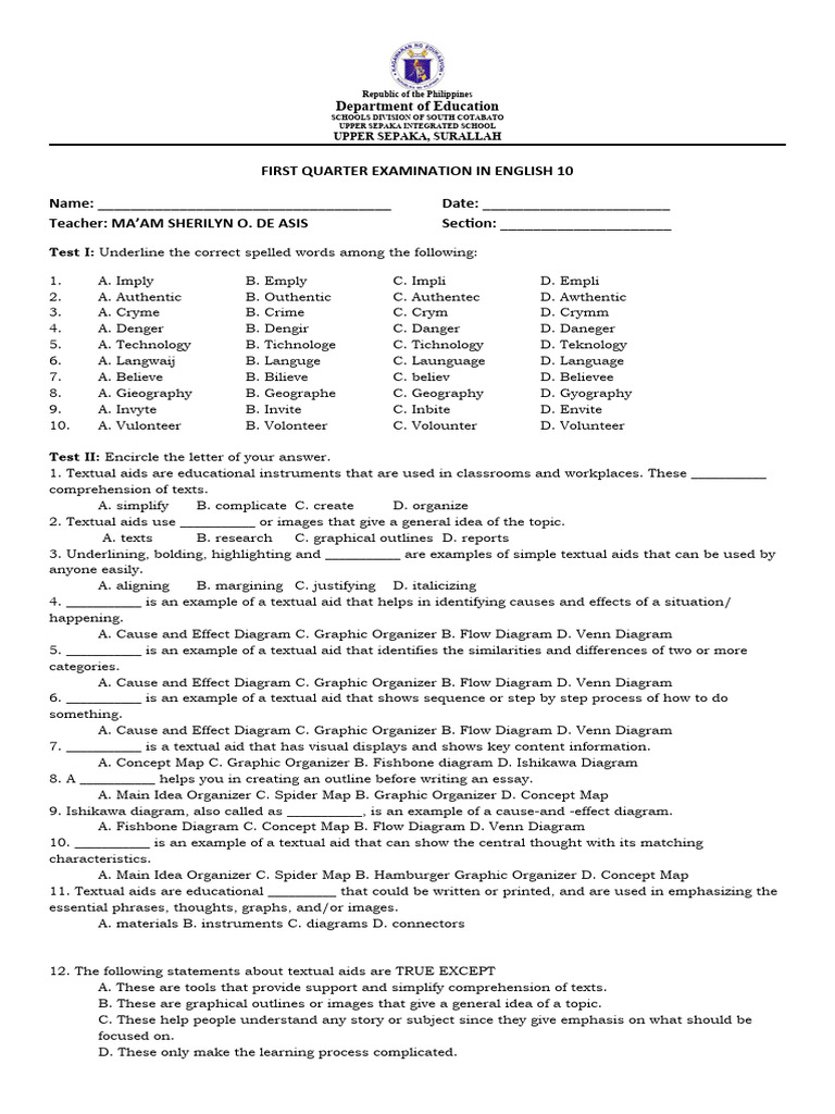 English 10 First Quarter Exam | PDF