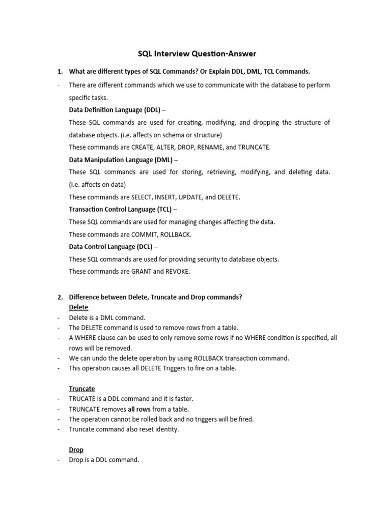 Sql Interview Question Answer Pdf Database Index Database Transaction