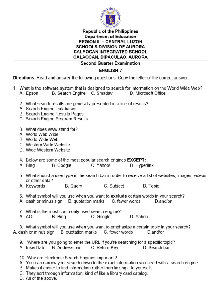 2ND Quarter Exam English 7 | PDF