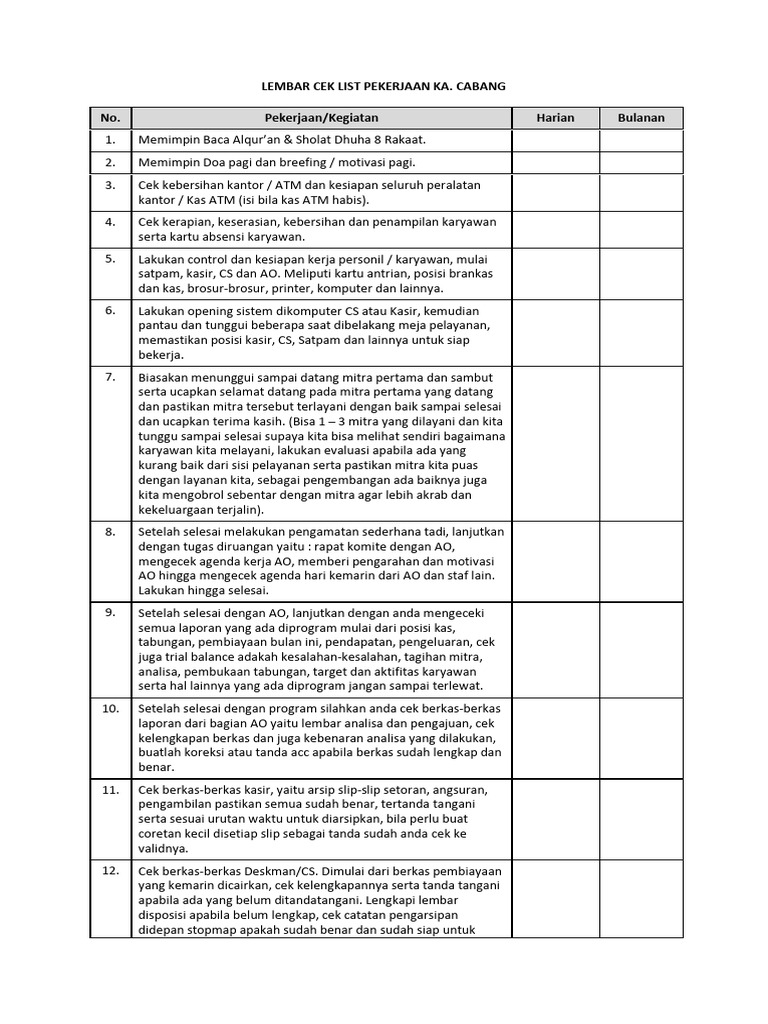 Lembar Checklist Manager | PDF