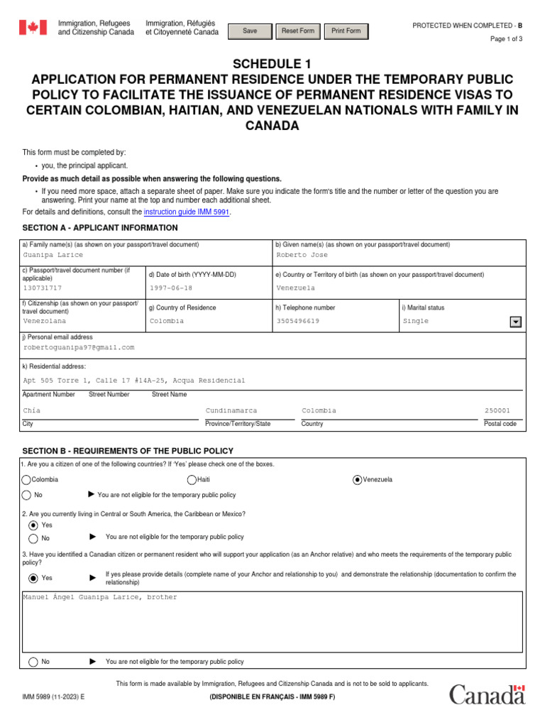 Instruction Guide IMM 5991: This Form Must Be Completed By: You, The ...