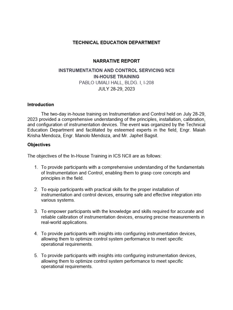 Narrative Report ICS IN-HOUSE TRAINING | PDF | Instrumentation | Calibration