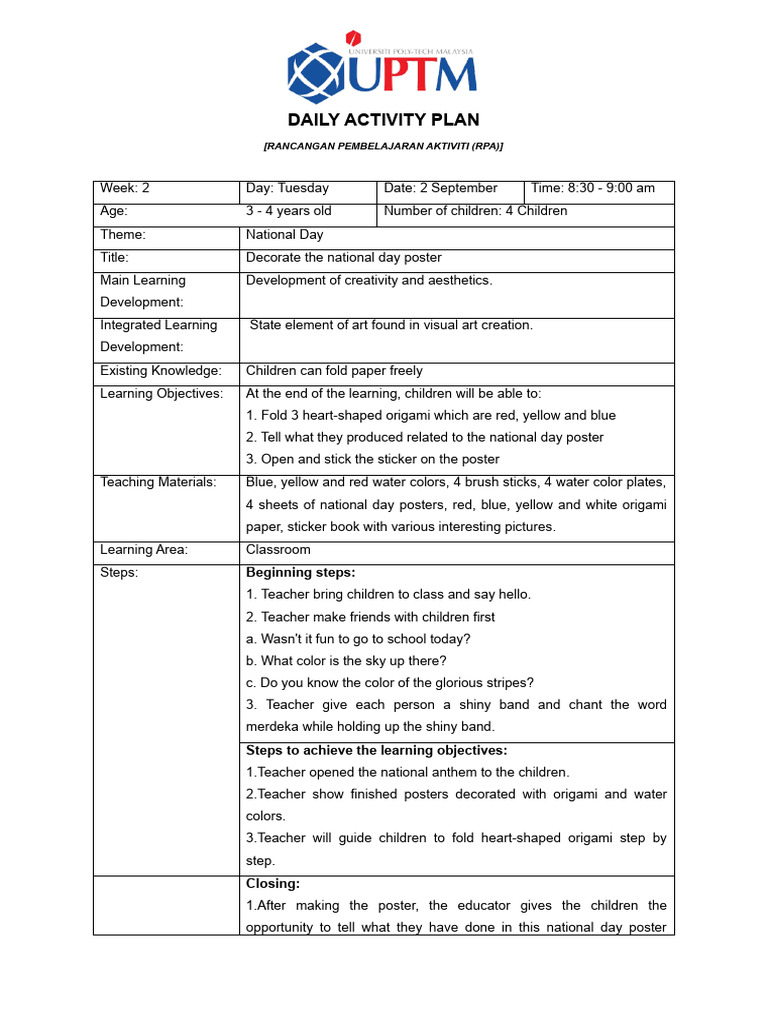 Example and Template Daily Activity Plan (Rpa) | PDF
