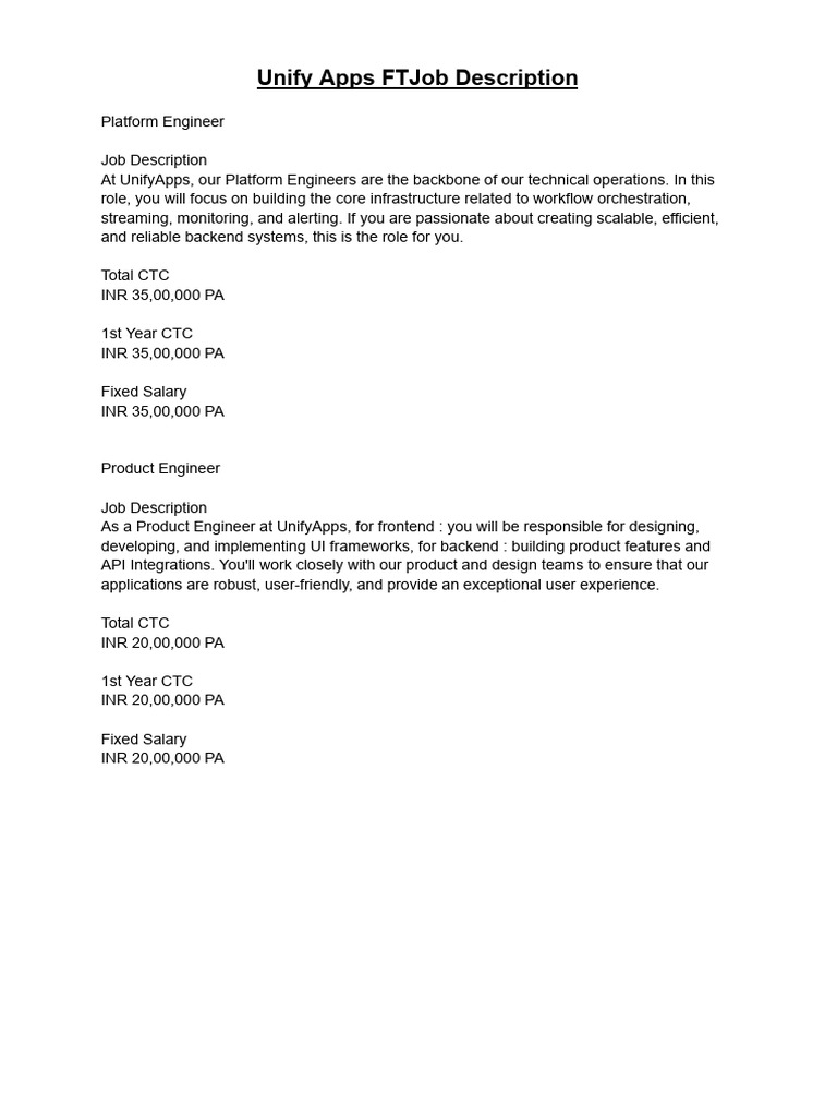 Unify Apps FTJob Description | PDF