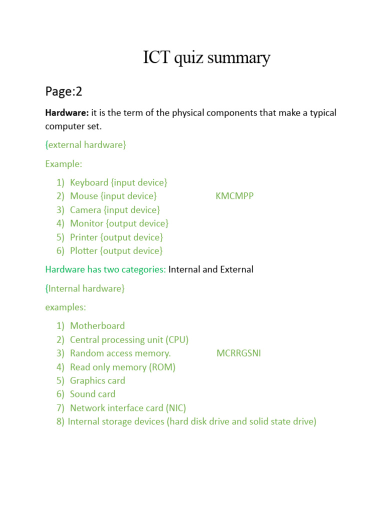 ICT Quiz Summary | PDF | Computer Data Storage | Computer Hardware