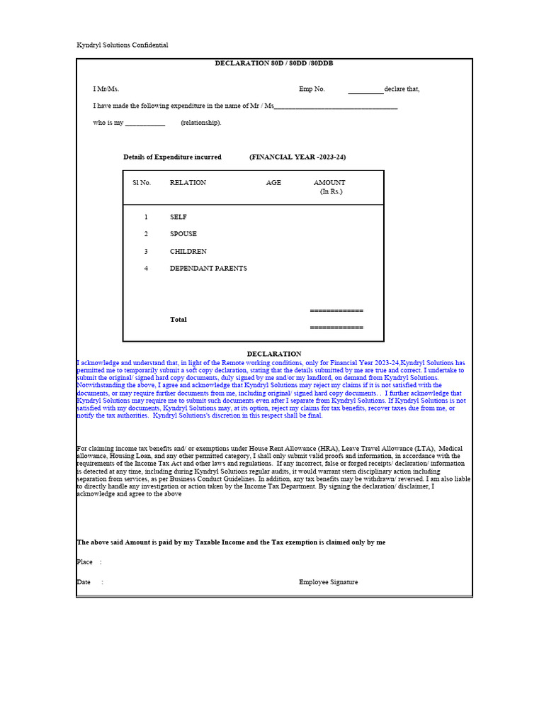 Self Declaration Form - Sec-80D | PDF