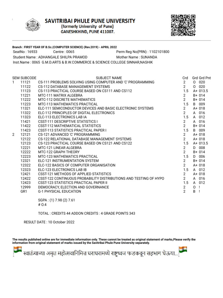 Savitribai Phule Pune University, Online Result | PDF | Mathematics | Statistics