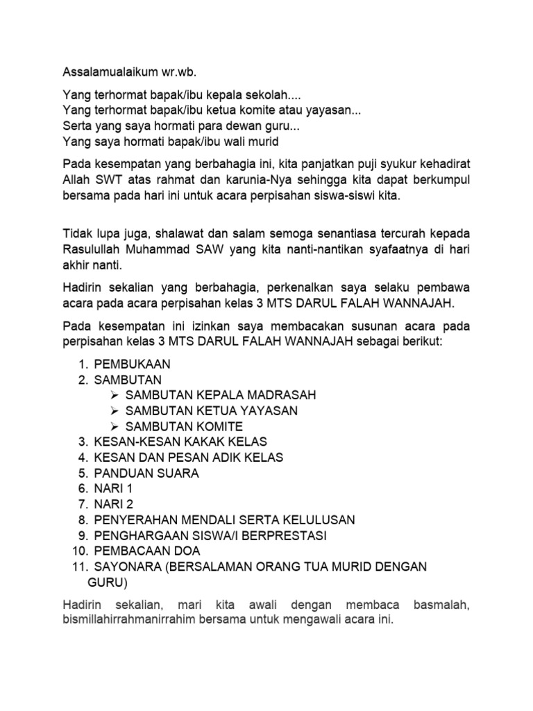 Teks MC Perpisahan Kelas 3 MTS | PDF