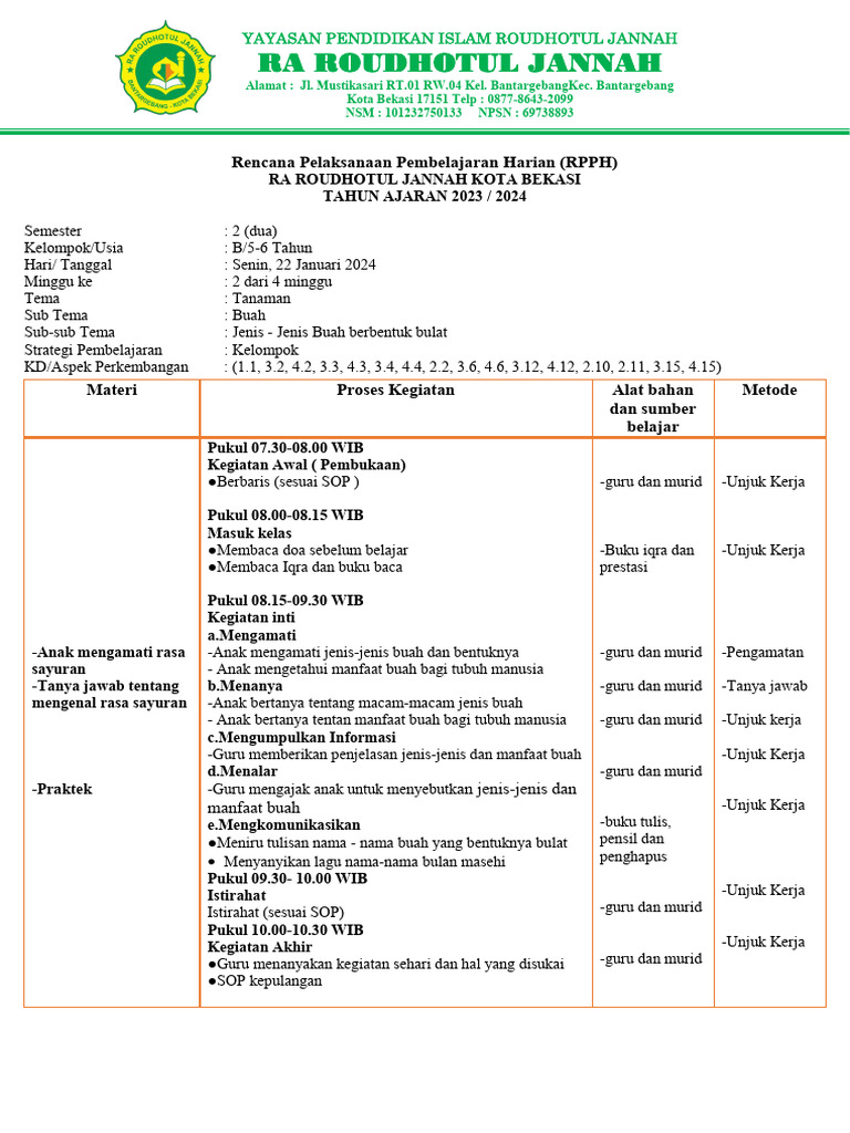 RPPH Tema Tanaman: Buah untuk PAUD | PDF