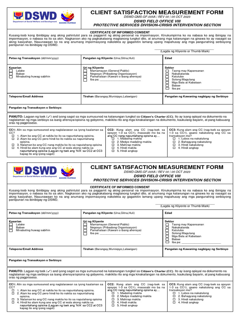 DSWD QMS GF 005A - REV 00 - Revised CSMF - Filipino Version BackToBack ...