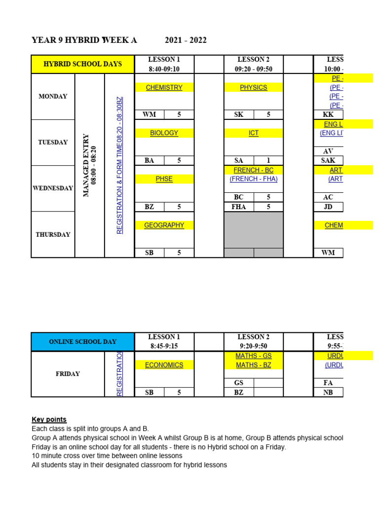 Year 9 - Hybrid Class and Homework Timetable | PDF | Schools