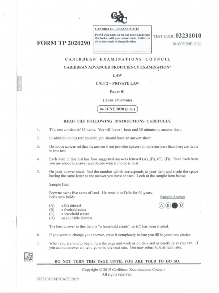 CAPE LAW Unit 2 Paper 1 2019 | PDF