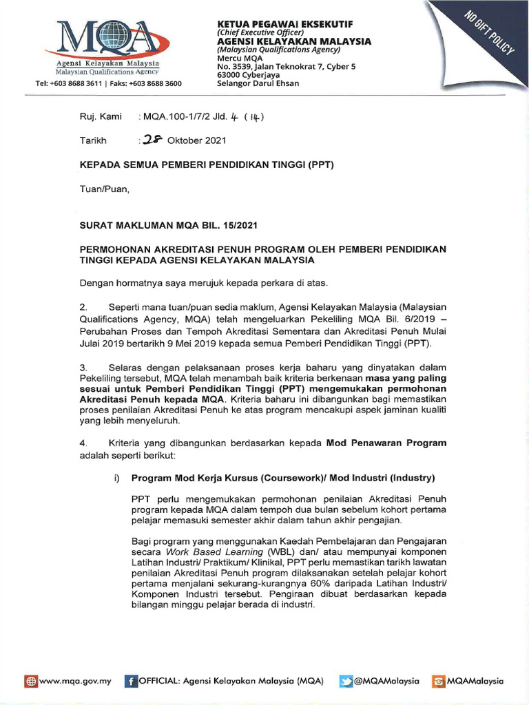 Surat Makluman MQA Bil. 15 2021-Permohonan FA PPT Kepada MQA | PDF