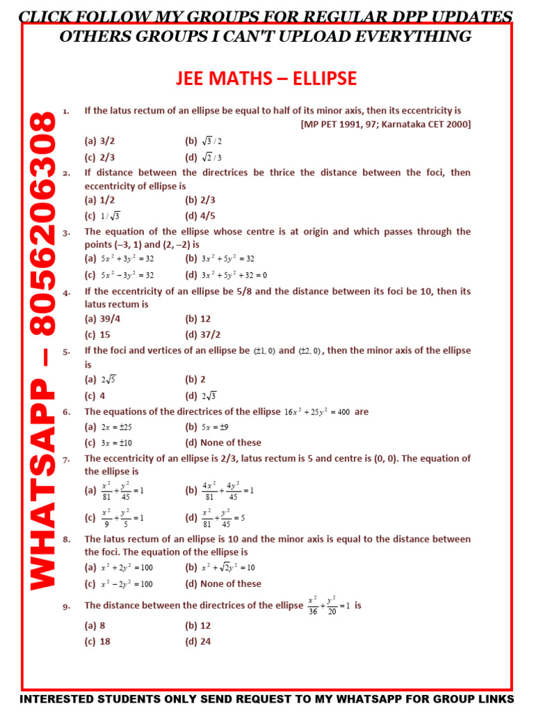 JEE Maths: Ellipse Problems and Solutions | PDF | Ellipse | Analytic ...