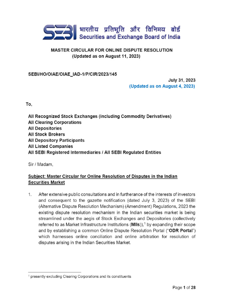 SEBI - Online Resolution of Disputes in The Indian Securities Market | PDF