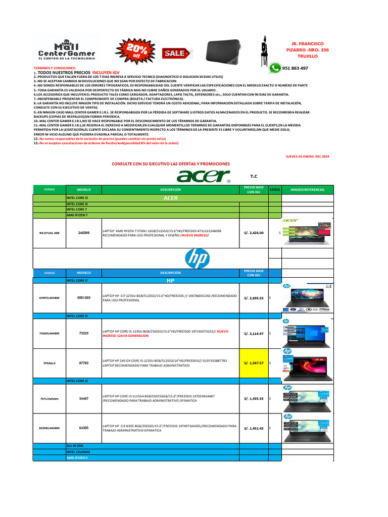 LISTA LAPTOPS ACTUALIZADO 25-01-2024 MALL CENTER GAMER | PDF | Apoyo ...