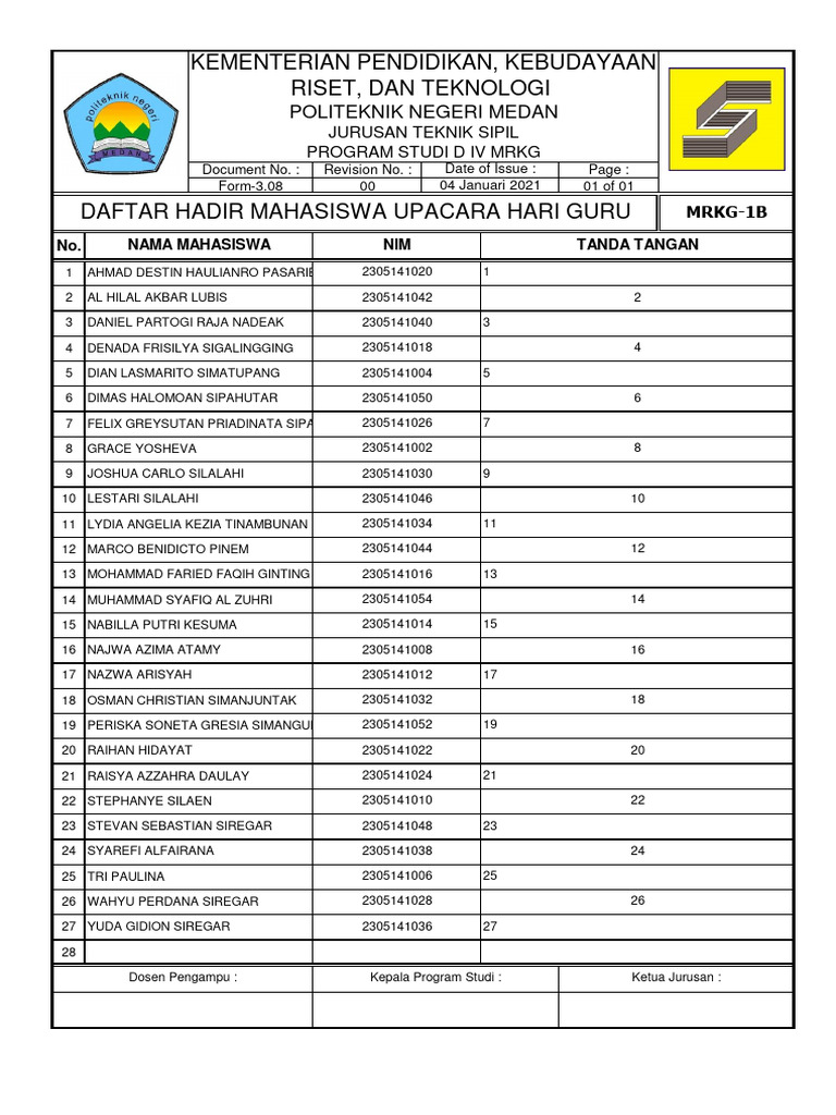 Absen Upacara Hari Guru MRKG-1B | PDF