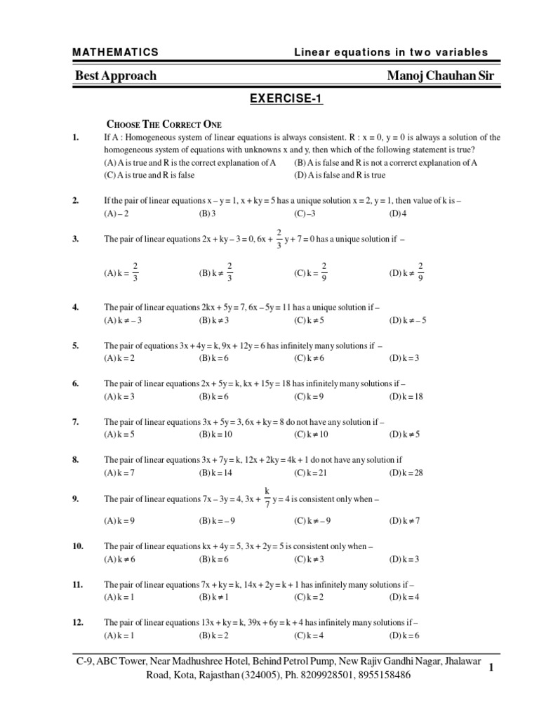 Linear Eq. Class 10 | Download Free PDF | System Of Linear Equations | Equations