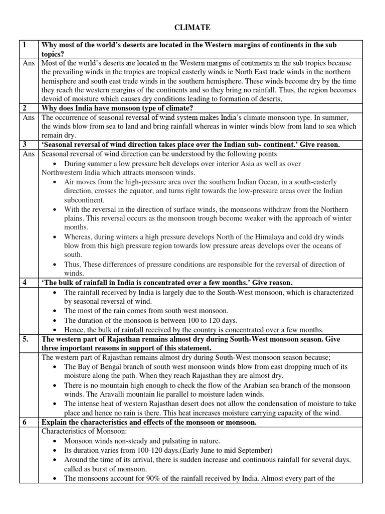 Class 9 CLIMATE QandS | PDF | Monsoon | Rain
