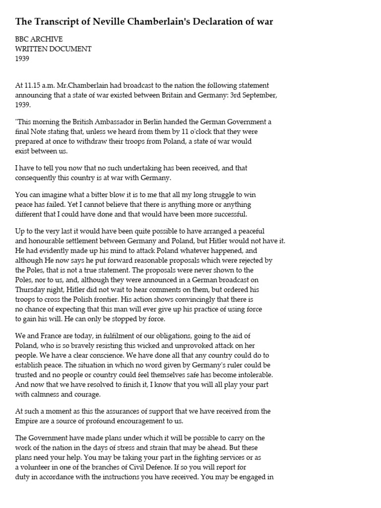 Chamberlain's War Declaration Speech | PDF | Neville Chamberlain | Nazi ...