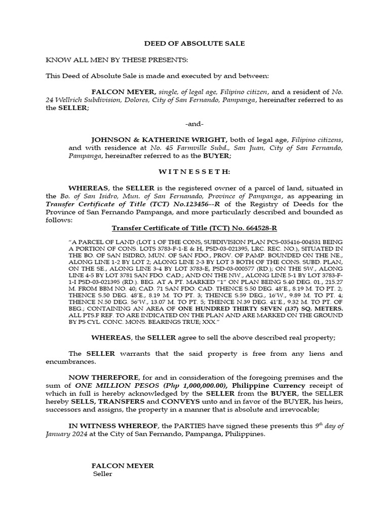 Deed of Absolute Sale Sample | PDF | Legal Documents | Land Law