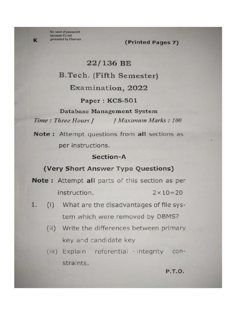 DBMS Question Paper | PDF