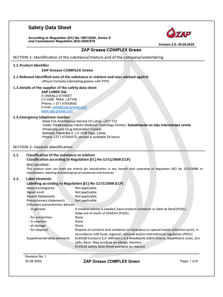 ZAP Grease Complex Green SDS | PDF | Dangerous Goods | Chemistry