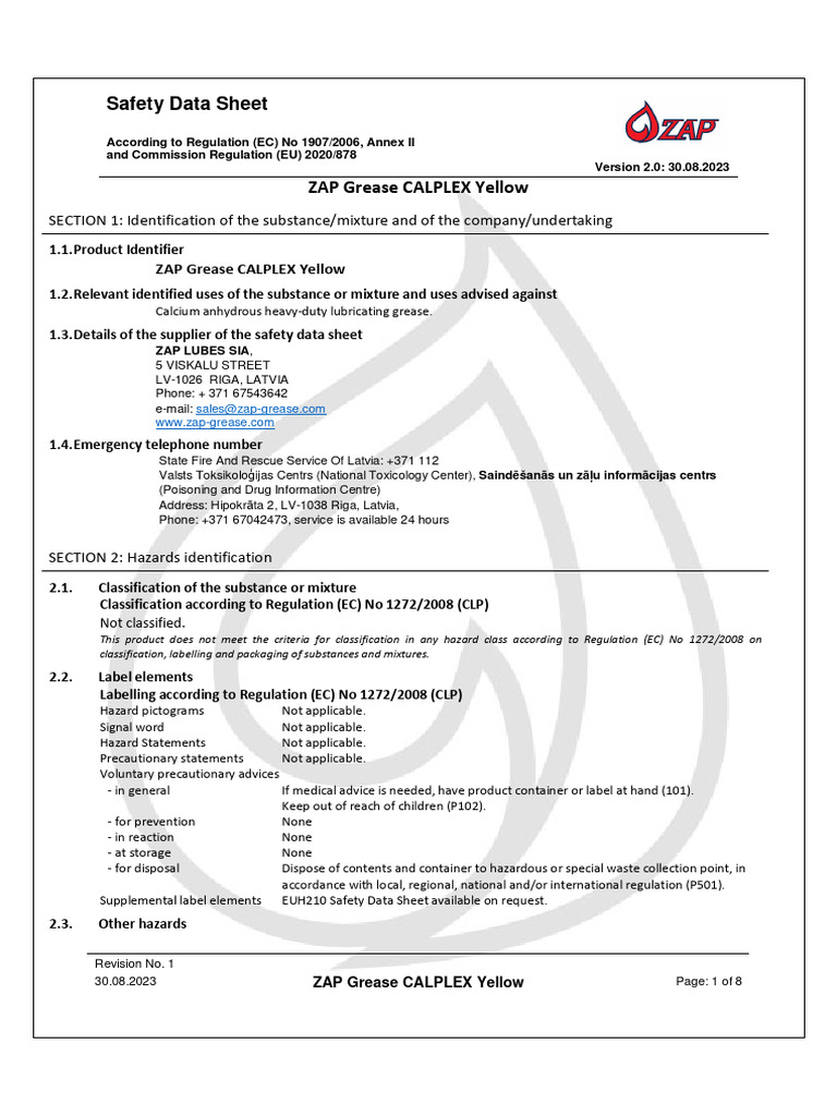 MSDS_ZAP_Grease_CALPLEX_Yellow_EN-2020-878_2023-08-30 | PDF | Dangerous ...