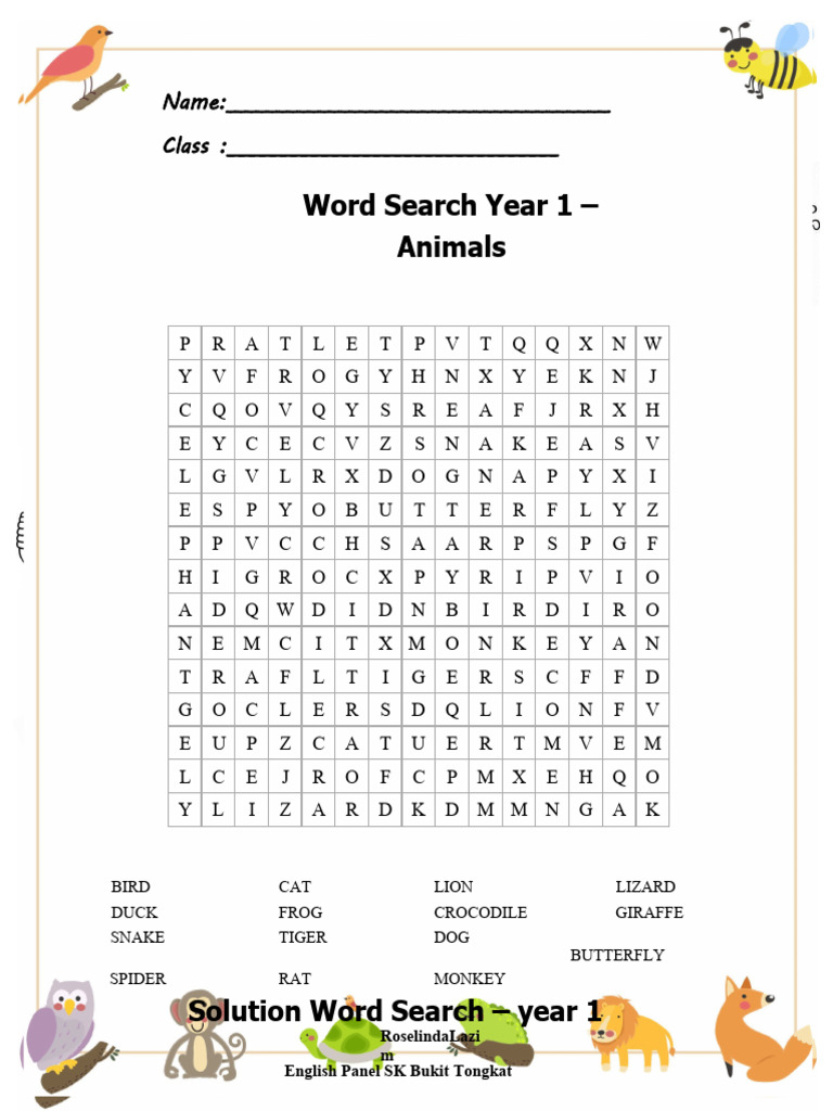 Word Search Year 1 Animals | PDF | Organisms